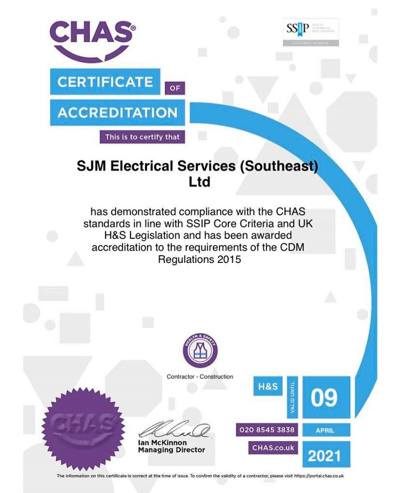 CHAS Accreditation 2020 - SJM Electrical Services Ltd